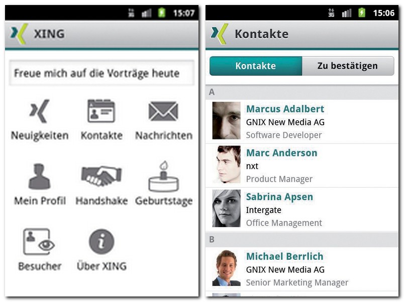 Der Hauptscreen von Xing bietet eine übersichtliche Auflistung der ...