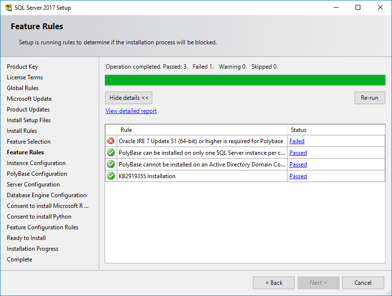 SQL Server 2017 - Oracle JRE 7 Update 51 (64-bit) or higher is required for Polybase ...