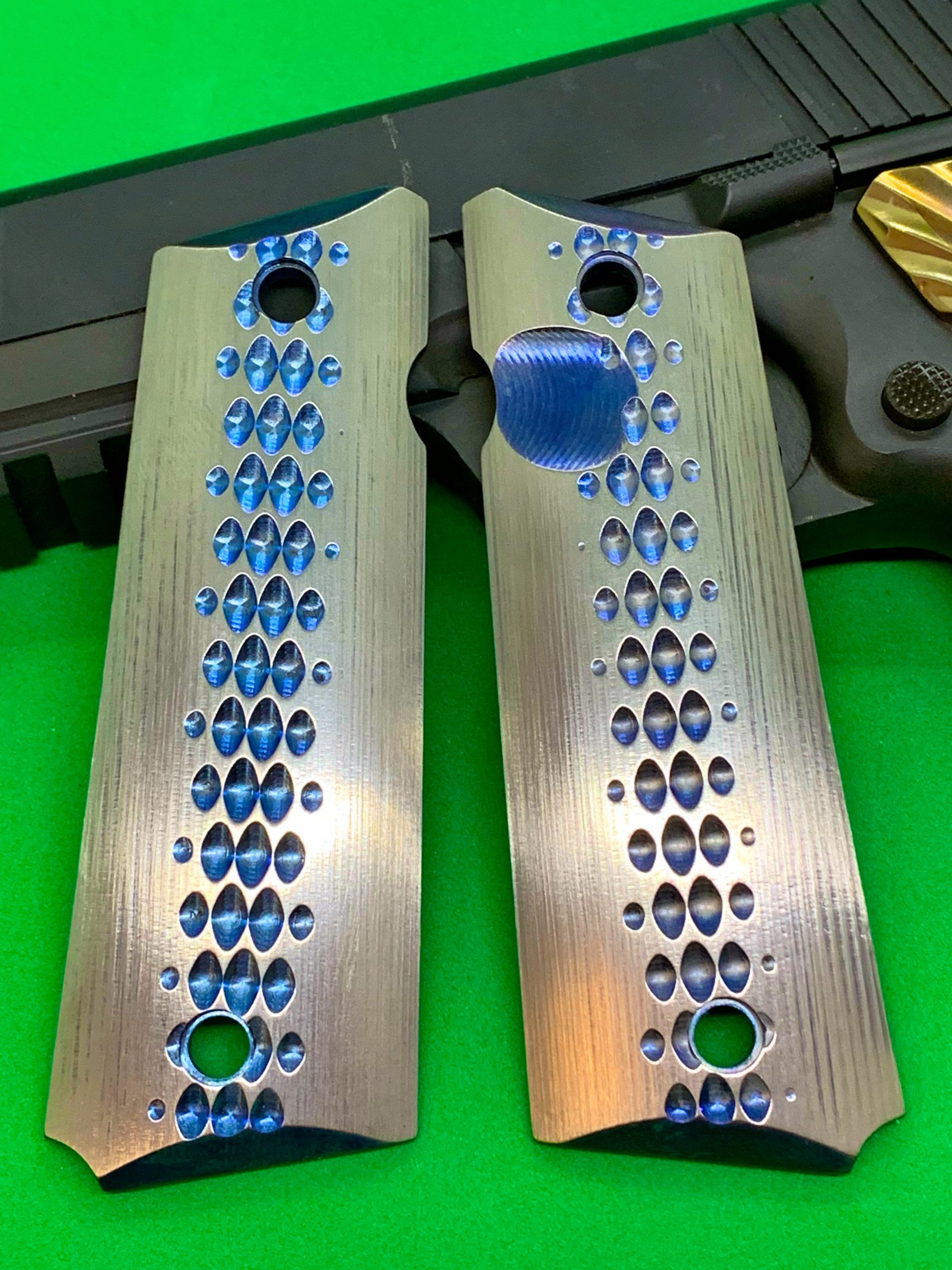 Titanium 1911 Pistol Grips - Blue Dimple /Natural - EWD Designs