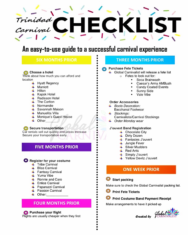 Trinidad Carnival Checklist, Timeline and Budget 2017