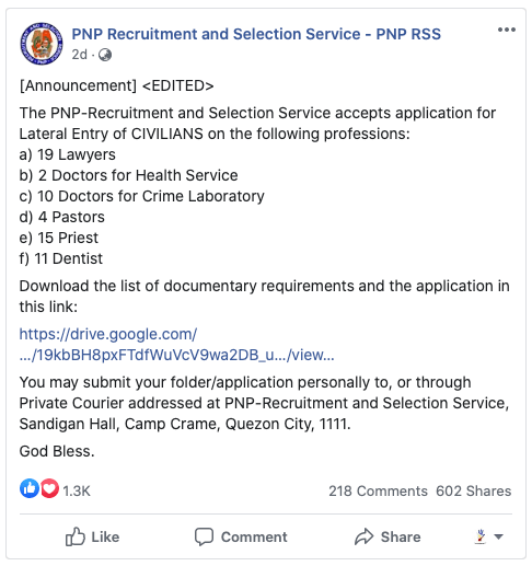 PNP Hiring: Lateral Entry Program for Technical Officers