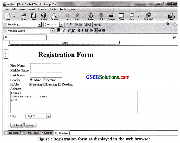 Computer Class 12 GSEB Solutions Chapter 1 Creating HTML Forms Using KompoZer – GSEB Solutions