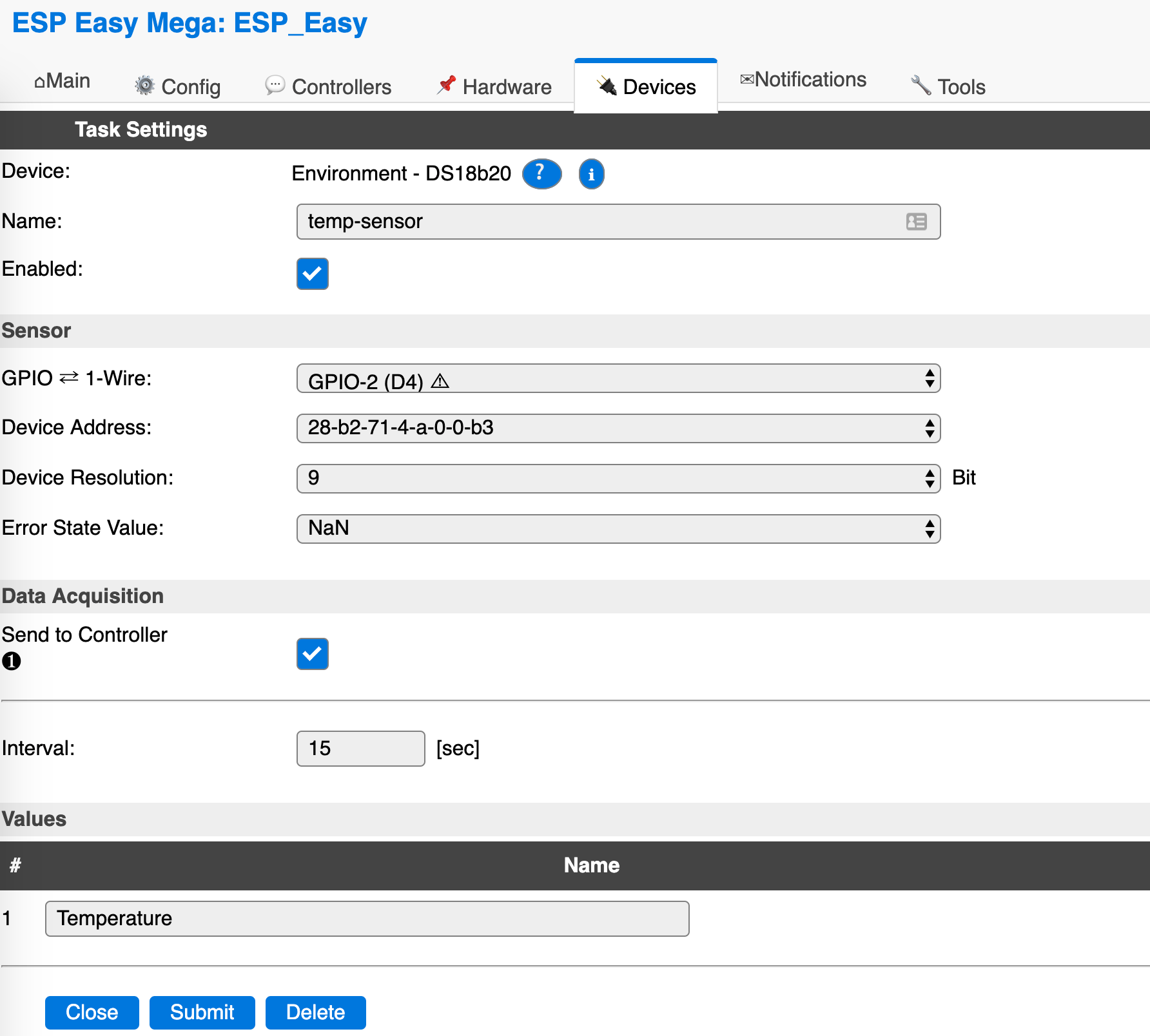 DS18B20 + ESP8266 + ESPEasy - iot.formatx.net