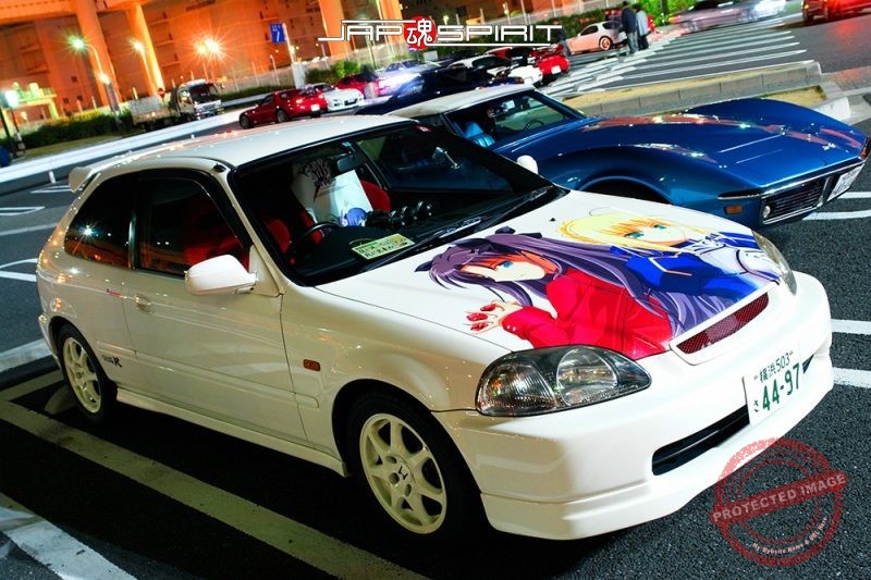 HONDA Civic 6th EK, Itasha style, white color with anime on the bonnet ...