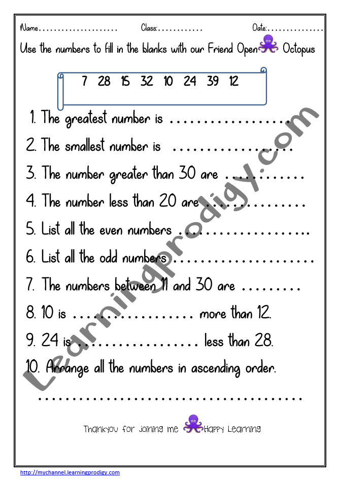 Numbers Fill Up | Greater than Smaller than Worksheet | Numbers ...