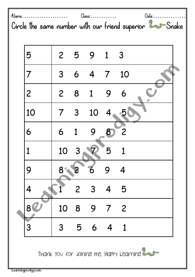 Circle the Same Numbers|Easy PDF Math Worksheet|Numbers Recognition ...