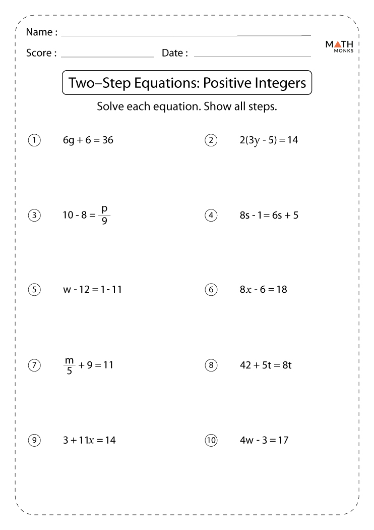 Two Step Equations Integers Worksheet Sheet 1 - Tessshebaylo