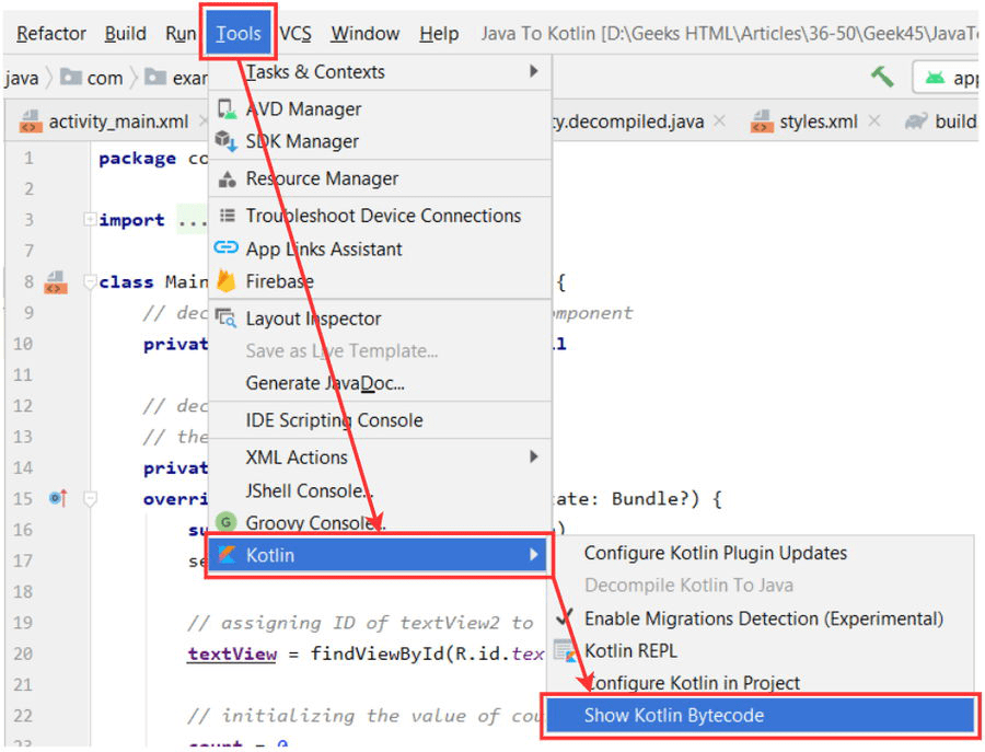 如何在 Android Studio 中将 Kotlin 代码转换为 Java 代码？ | 码农参考