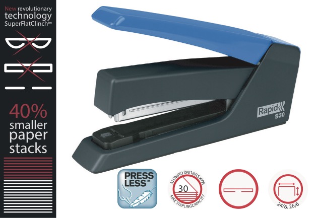 Rapid Stapler S30 Blue, 30sh 24/6 flat clinch press less