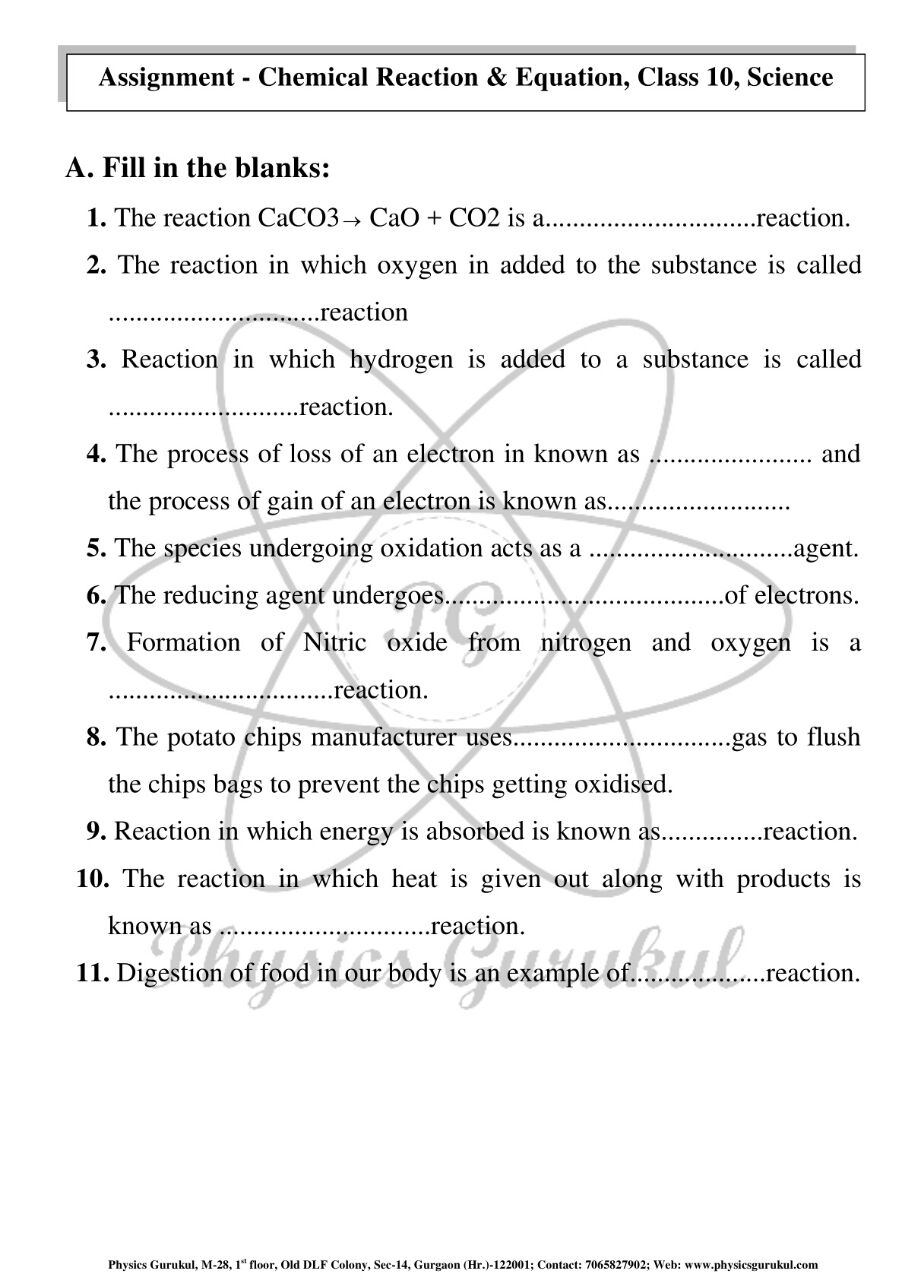 Chemical Reactions And Equations Class 10 Worksheet With Answers Pdf ...