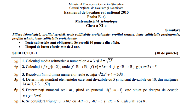 simulare 2015 bac matematica m1