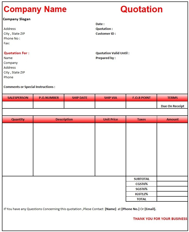 Quotation Format In Excel | Download Quotation Format in Excel