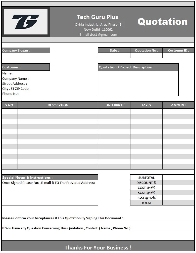 Sales Quotation Format | Download Quotation Format in Excel