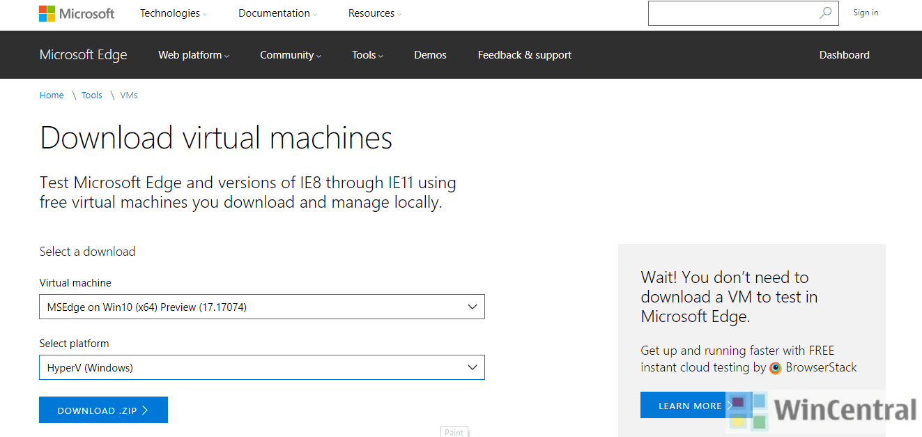 Microsoft Edge virtual machine Preview 17.17074 available to download