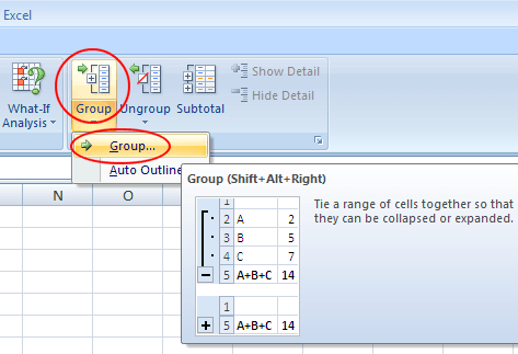 How to hide columns rows with plus and minus button in Excel