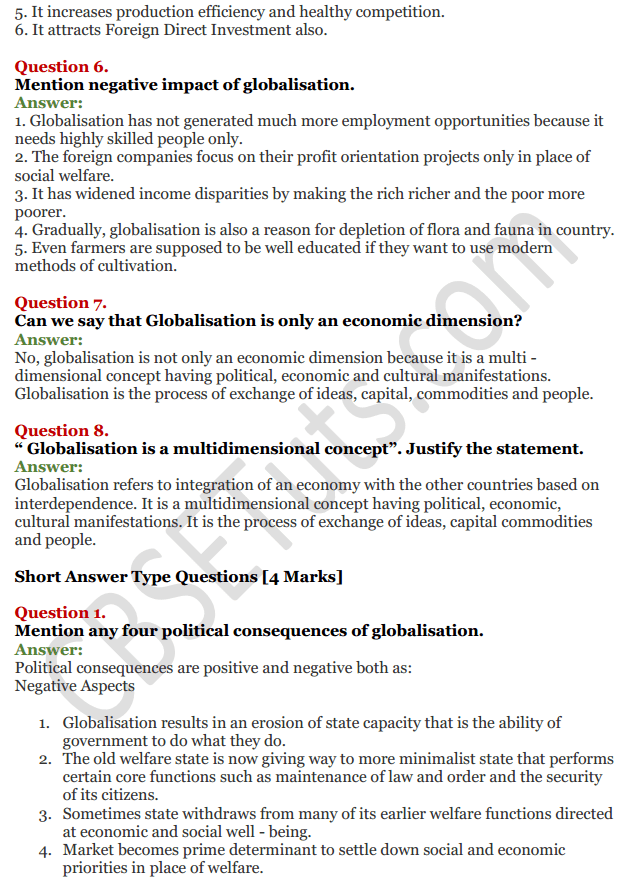 NCERT Solutions for Class 12 Political Science Chapter 9 Globalisation ...