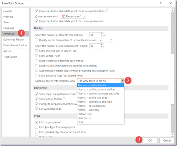 Changing the default View of Presentation in PowerPoint 2016