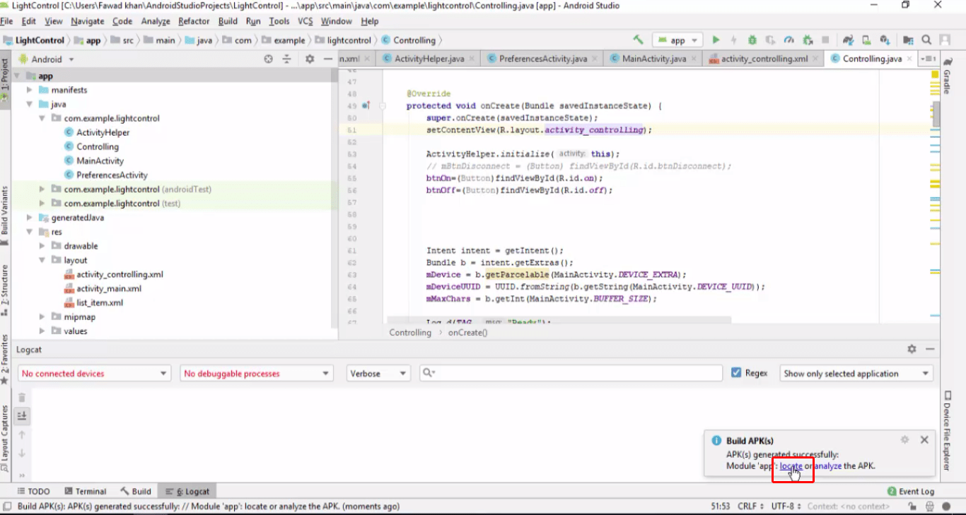 Android app development to control arduino over Bluetooth, Android studio