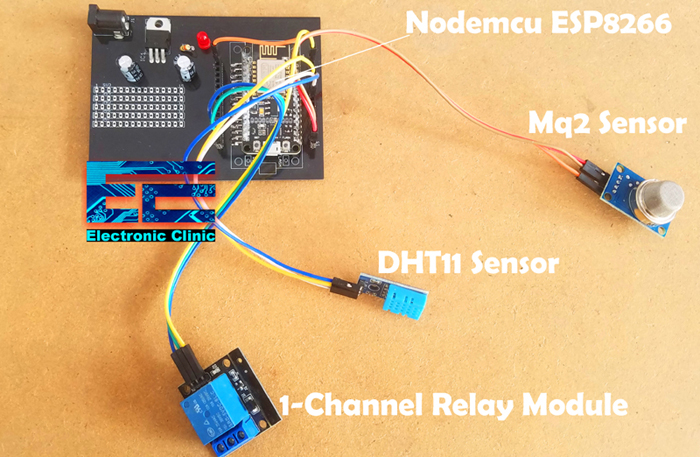 Nodemcu ESP8266 with DHT11, MQ2 Smoke Sensor, 5v Relay, and Blynk