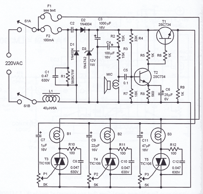 Sound Operated Triac Based Disco Lights Circuit Diagram