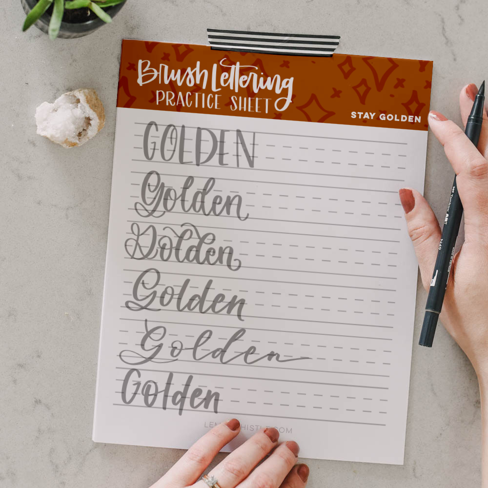 Golden Printable Brush Lettering Practice Sheet - Lemon Thistle
