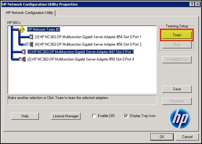 Adding a new port to a HP Network Team - Virtually Impossible