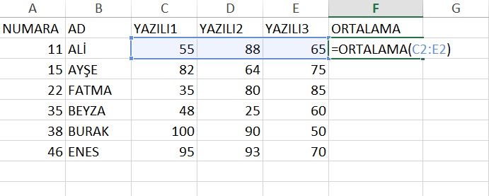Excel ile Ortalama Hesaplama – Web Tasarım & Programlama